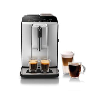 bosch tiu20307 300 series fully automatic espresso machine with milk express (in-cup frother), lcd + touch control panel, onetouch milk-based beverages and 5 beverage options, in silver