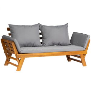 Panana Acacia Wood Convertible Couch Sofa Bed Adjustable Armrest Folding Daybed Collapsible Chaise Lounge w/Cushions Outdoor Loveseat for Garden Patio Poolside Grey