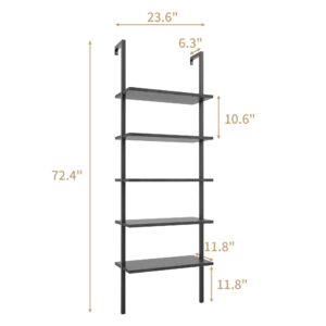 Flamaker 5-Tier Bookshelf Industrial Wall Mount Ladder Bookshelf, Wood Board and Metal Frame, Modern Tall Narrow Storage Organizer for Home Office (Black)