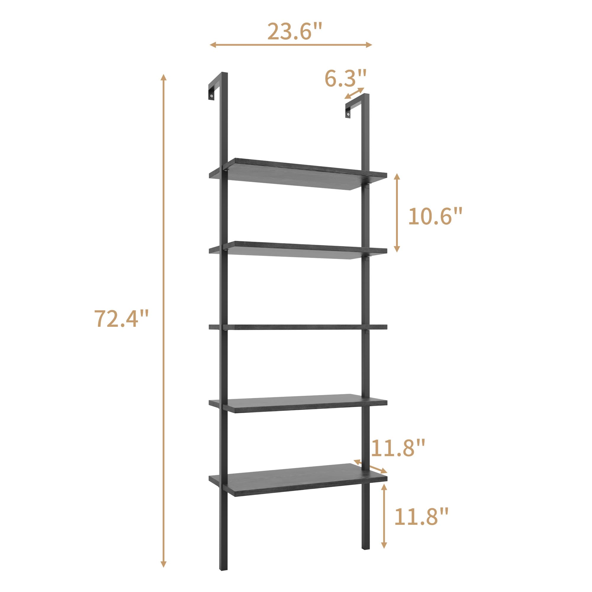 Flamaker 5-Tier Bookshelf Industrial Wall Mount Ladder Bookshelf, Wood Board and Metal Frame, Modern Tall Narrow Storage Organizer for Home Office (Black)