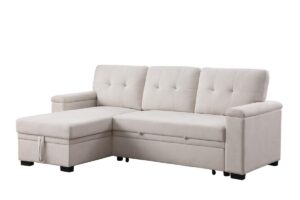 lilola home lucca ii 84.5" w beige woven fabric reversible sleeper sectional sofa with storage chaise and pocket coil seating