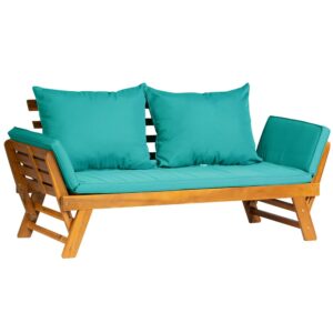 panana acacia wood convertible couch sofa bed adjustable armrest folding daybed collapsible chaise lounge w/cushions outdoor loveseat for garden patio poolside turquoise