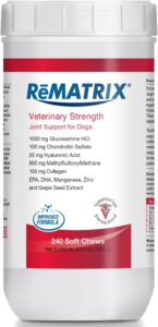 rematrix joint support supplement for dogs - glucosamine, chondroitin, msm, omega-3 - hip and joint pain relief and support for dogs - made in usa - 240 soft chews