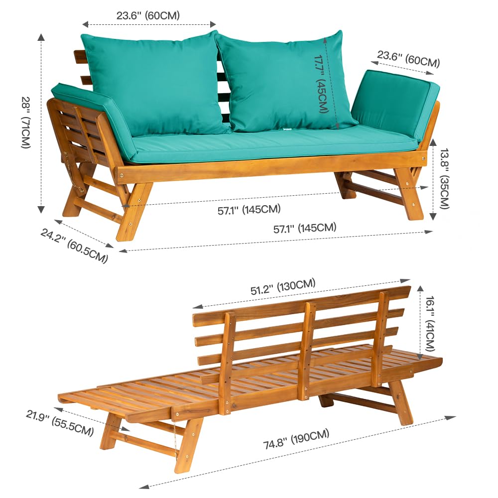 Panana Acacia Wood Convertible Couch Sofa Bed Adjustable Armrest Folding Daybed Collapsible Chaise Lounge w/Cushions Outdoor Loveseat for Garden Patio Poolside Turquoise