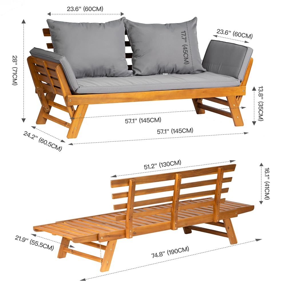 Panana Acacia Wood Convertible Couch Sofa Bed Adjustable Armrest Folding Daybed Collapsible Chaise Lounge w/Cushions Outdoor Loveseat for Garden Patio Poolside Grey