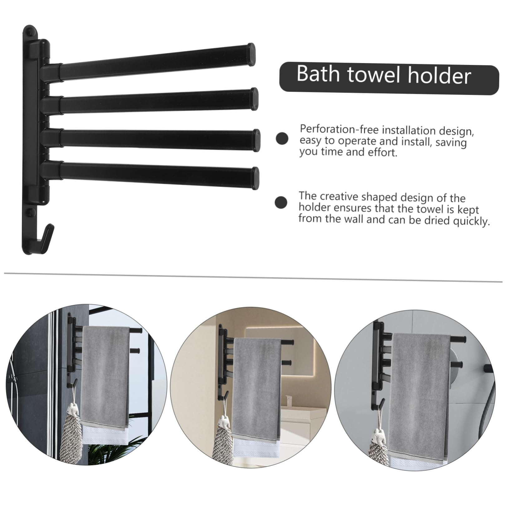 WOONEKY Rotating Towel Rack Bathroom Towel Holders No Drilling Towel Wall Holder Hand Towel Holder for Bathroom Wall Metal Hand Towel Holder Bath Towel Rack Kitchen Hand Towel Wall Holder