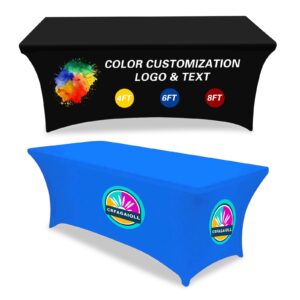 generic custom table cloth cover with business logo text, personalized stretch spandex table cloth for business tradeshow events, customized tablecloth for wedding birthday anniversary decoratio