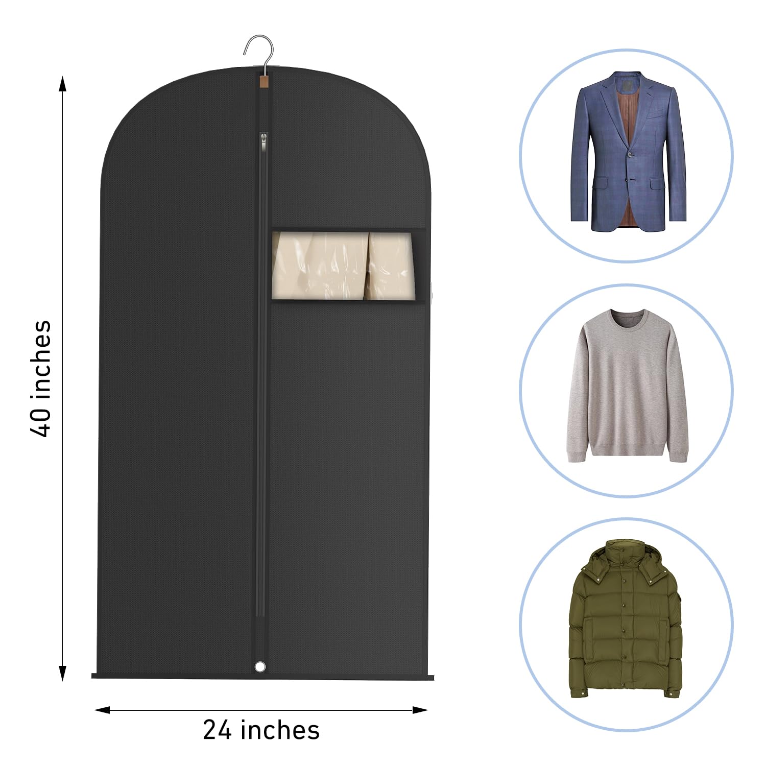 Garment Bags for Hanging Clothes, Suit Bags for Closet Storage and Travel, Suit Cover Bags with Zipper for Coats, Jackets, Shirts (Black, L 40" x 6 Pack)