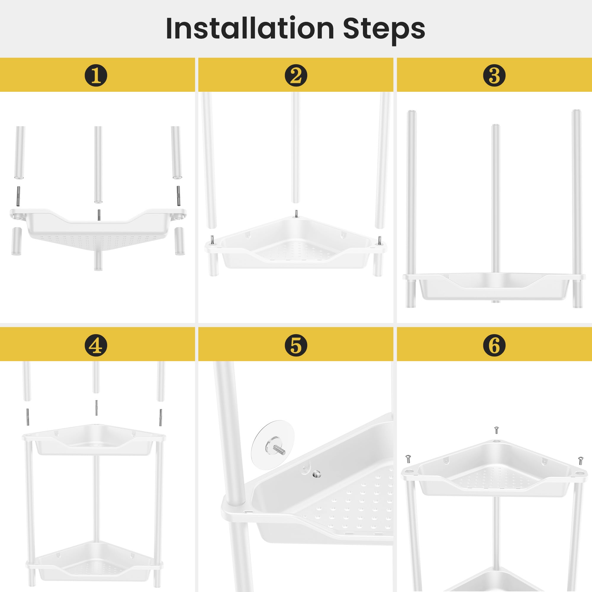 Vetacsion Corner Shower Caddy, 3 Tier Standing Rustproof Shower Organizer, Plastic Metal Splicing Floor Shower Shelves for Bathroom Storage, White