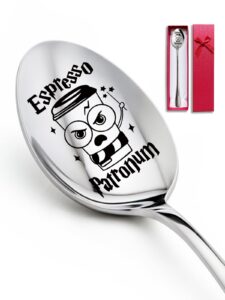 advivio funny engraved stainless steel espresso spoons for coffee lovers gifts, harry potter easter basket coffee ice cream spoop for bookworms, harry potter fans thanksgiving graduatiod gifts