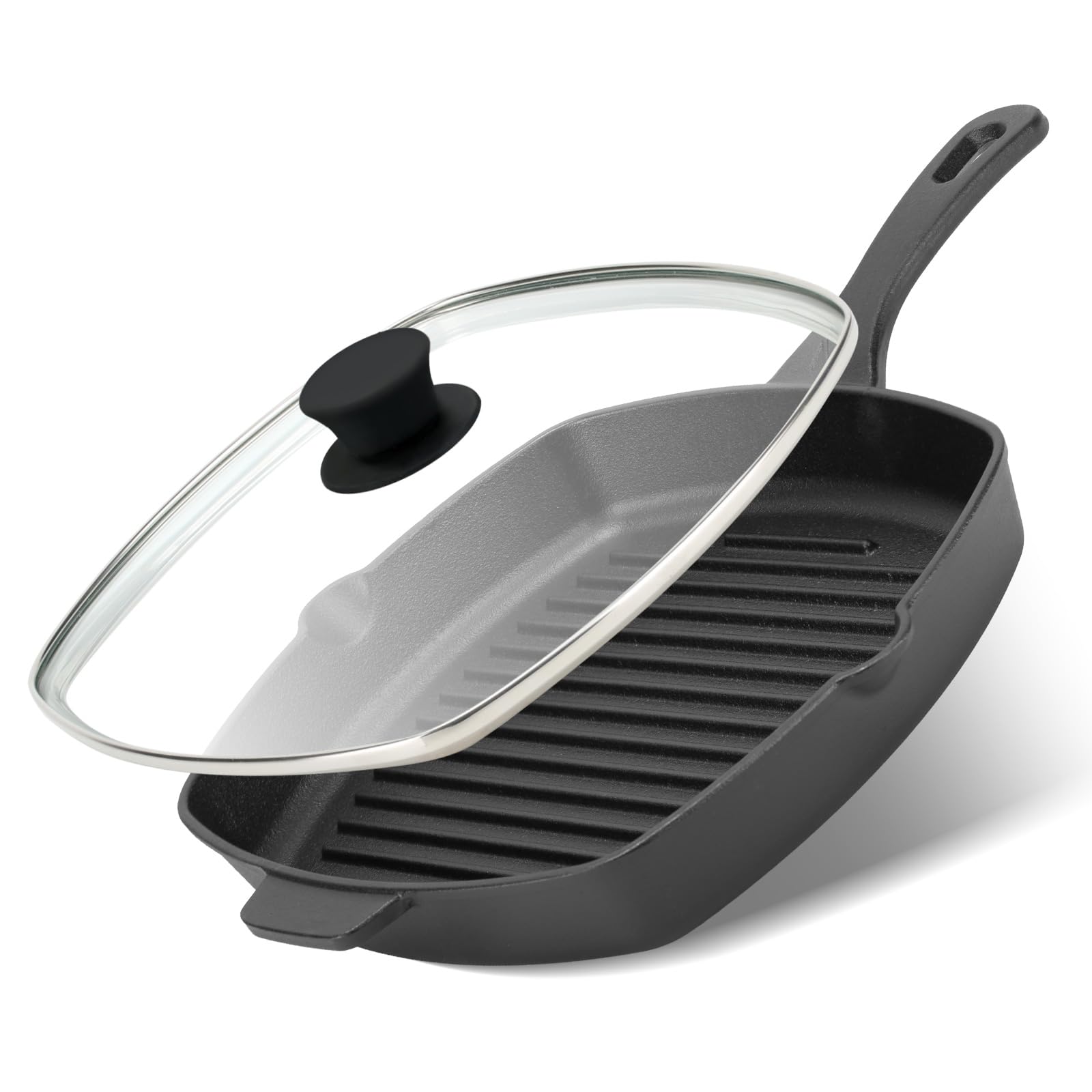 Northriver Casting 10.5 Inch Cast Iron Square Grill Pan with Tempered Glass Lid, Heavy Steak & Bacon Pans for Stove Tops