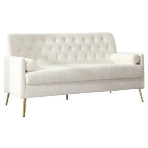 60” couch sofa, mid century modern upholstered loveseat sofa tufted small sofa faux fur love seat couch track armrest with 2 bolster pillows for small space living room bedroom apartment, white sherpa