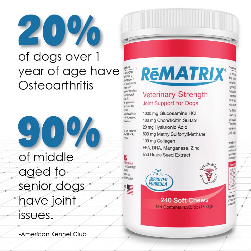 ReMATRIX Joint Support Supplement for Dogs - Glucosamine, Chondroitin, MSM, Omega-3 - Hip and Joint Pain Relief and Support for Dogs - Made in USA - 240 Soft Chews