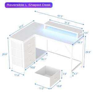 Patikuin L Shaped Desk with Power Outlets & LED Lights, Computer Desk with Drawers & Shelves, Corner Desk Gaming Desk Home Office Desk, White