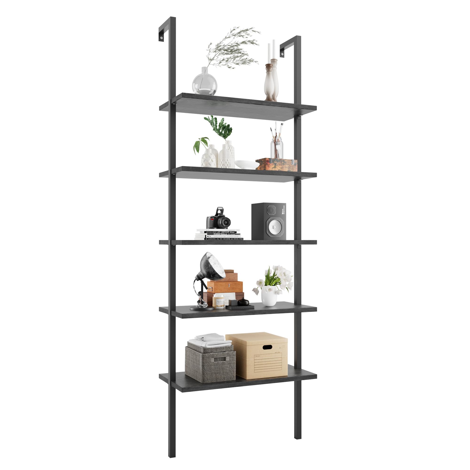 Flamaker 5-Tier Bookshelf Industrial Wall Mount Ladder Bookshelf, Wood Board and Metal Frame, Modern Tall Narrow Storage Organizer for Home Office (Black)