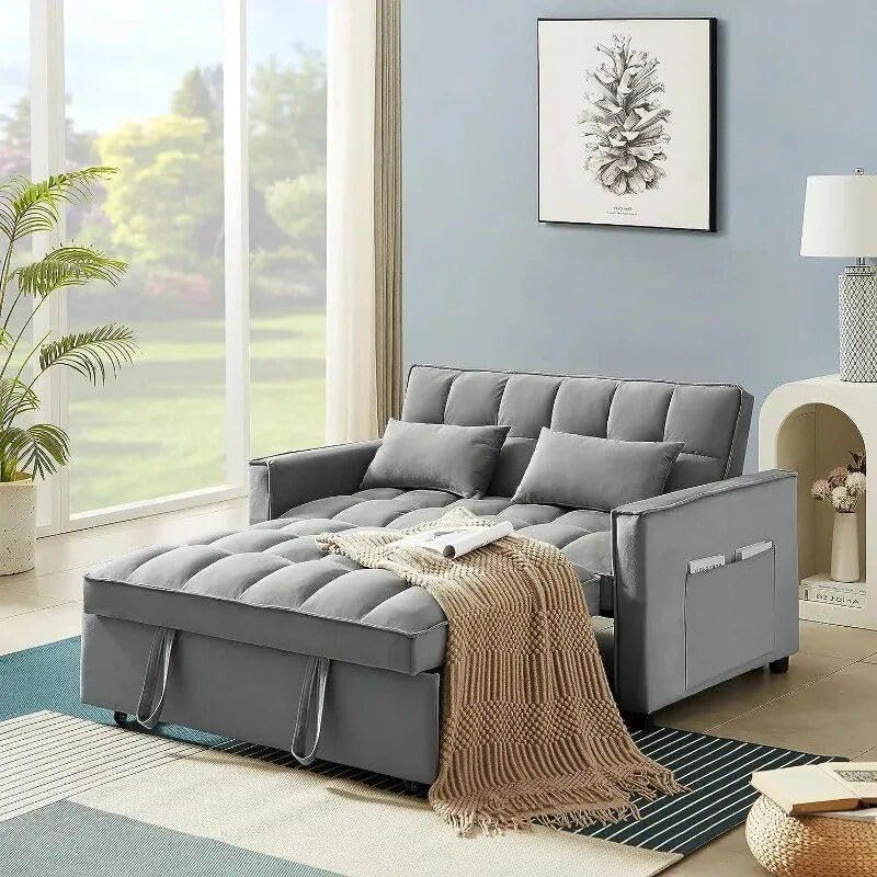 Generic Velvet 3-in-1 Convertible Sleeper Loveseat, 55.2*32.3*35.04in, Grey