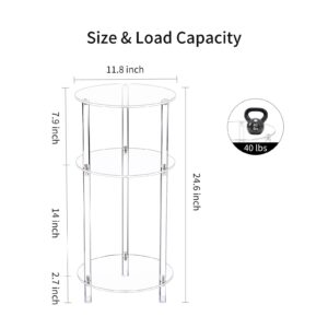 Bkemiy Clear Round Acrylic Side Table for Small Spaces, 11.81" L x 11.81" W x 24.6" H, 3 Tier Small Modern Drink End Table Nightstand, Minimalist Bedside Table for Living Room, Bedroom, Bathroom