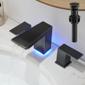 besy led 3 hole bathroom sink faucet, oil rubbed bronze waterfall wide spread bathroom faucet with 3 colors light changing, widespread vanity faucet 2 handle with supply lines with pop up drain