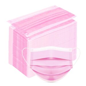 generic 50 pack pink disposable face mask for adults, solid pink breathable 3-ply earloop full face protection for women & teen girls