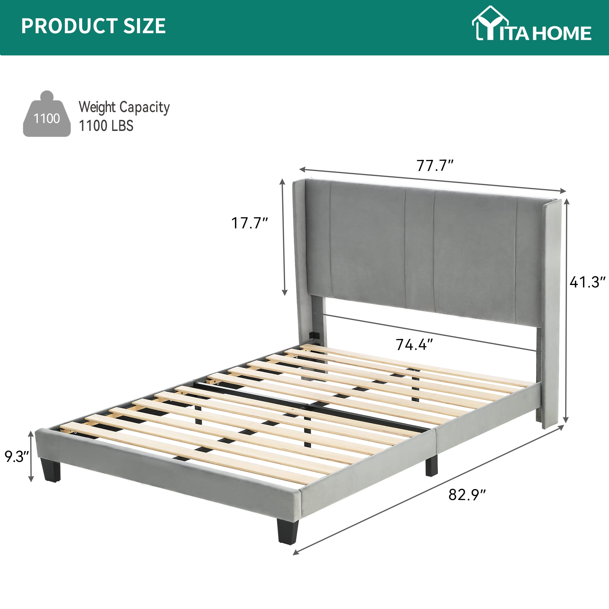 YITAHOME King Size Bed Frame, Platform Bed Frame with Gray Velvet Headboard and Wingback, Upholstered Bed Frame Strong Wood Slats Support, No Box Spring Needed, Gray