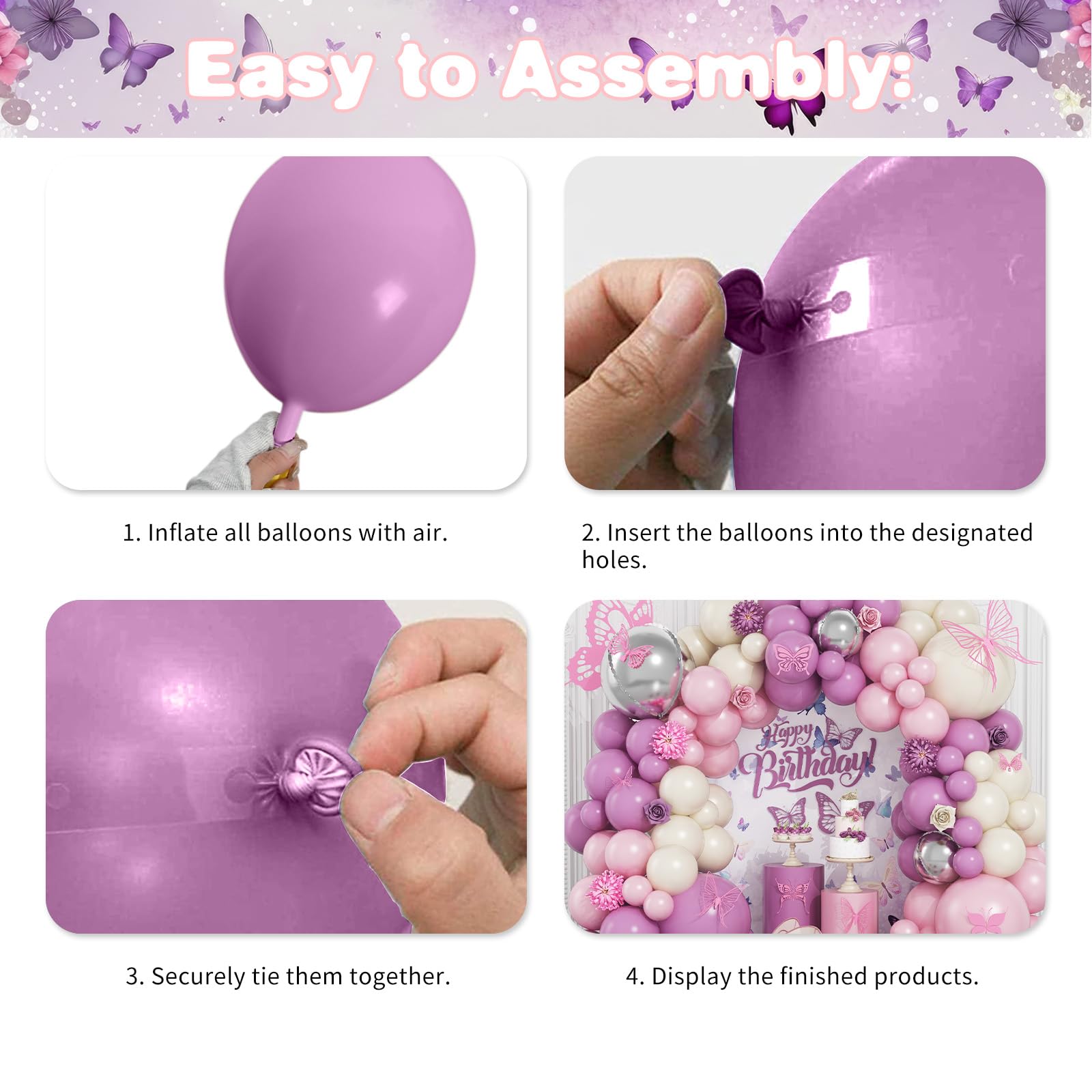 Pink and Purple Balloon Garland Arch Kit, Dusty Pink Lavender Purple Latex Balloons with Silver Foil Balloons for Bridal Baby Shower Wedding Butterfly Birthday Party Decoration