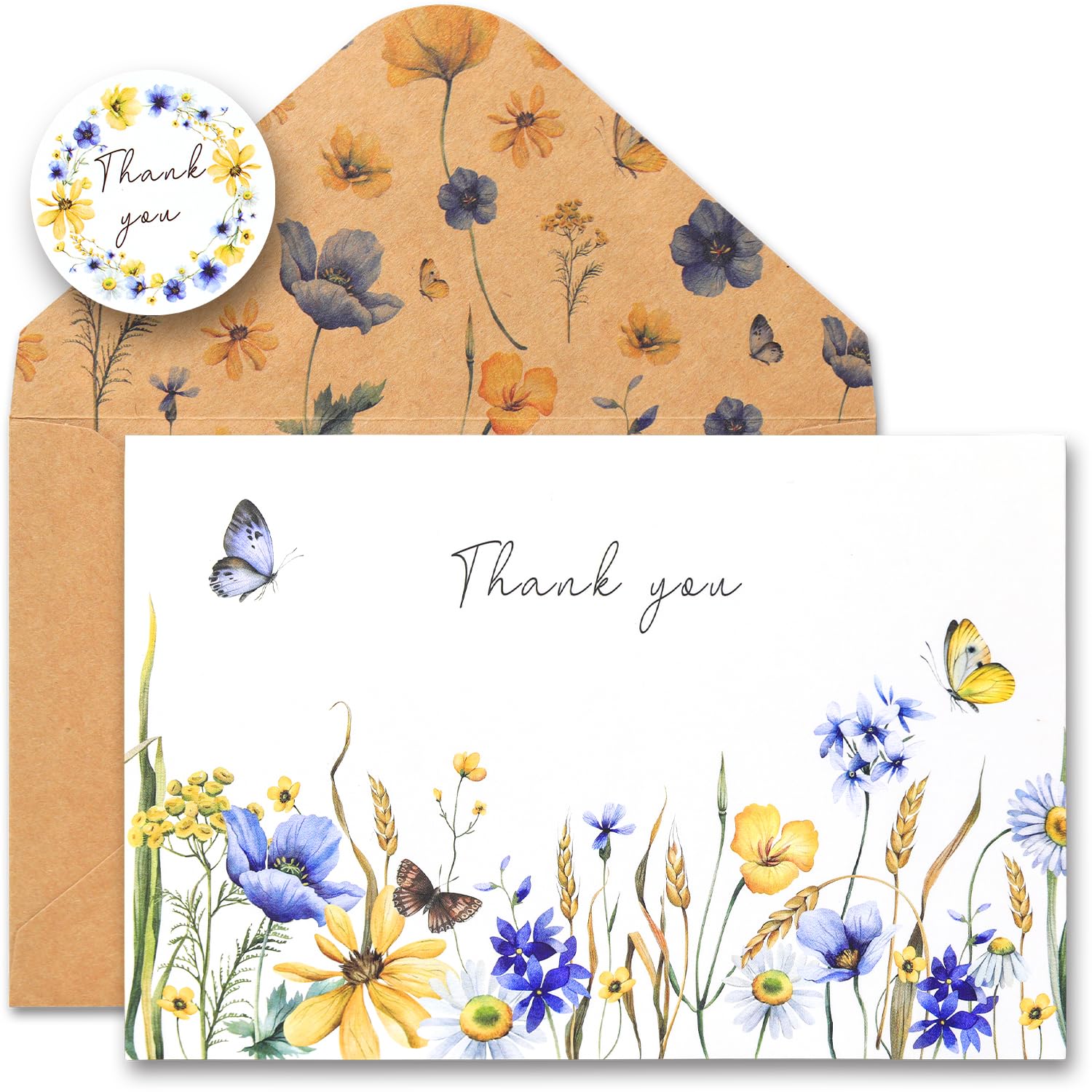 24 Pack Thank You Cards With Envelopes(4 Assorted),Wildflower Greeting Cards for Birthday Wedding Baby Shower Bridal Shower Small Business Party Supplies,Better Decorate Your Thank You Gifts