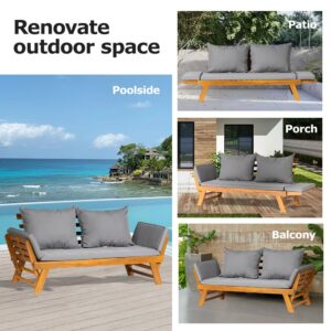 Panana Acacia Wood Convertible Couch Sofa Bed Adjustable Armrest Folding Daybed Collapsible Chaise Lounge w/Cushions Outdoor Loveseat for Garden Patio Poolside Grey