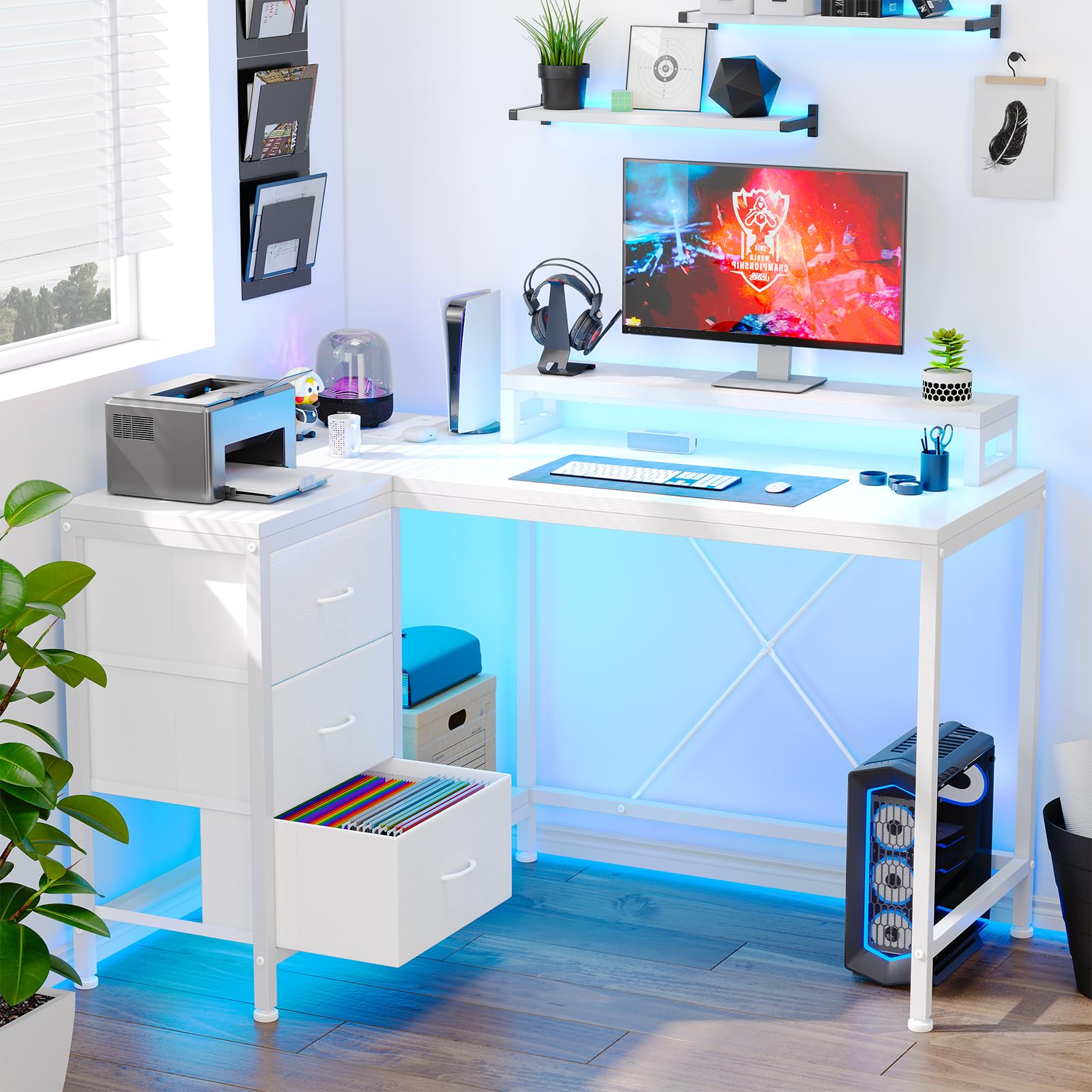 Patikuin L Shaped Desk with Power Outlets & LED Lights, Computer Desk with Drawers & Shelves, Corner Desk Gaming Desk Home Office Desk, White