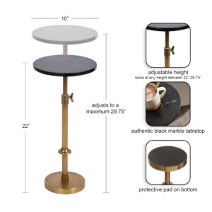 Kate and Laurel Engles Traditional Adjustable-Height Pedestal Drink Table, 10 x 10 x 30, Black Marble and Antique Brass, Vintage Round Indoor Metal Plant Stand with Authentic Marble Tabletop