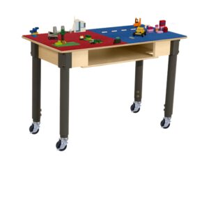 wood designs time-2-play montessori play table, reactangular birch plywood red & blue lego compatible building blocks table built-in storage with wheels for kids [18”-29” adjustable legs]