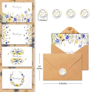 24 Pack Thank You Cards With Envelopes(4 Assorted),Wildflower Greeting Cards for Birthday Wedding Baby Shower Bridal Shower Small Business Party Supplies,Better Decorate Your Thank You Gifts