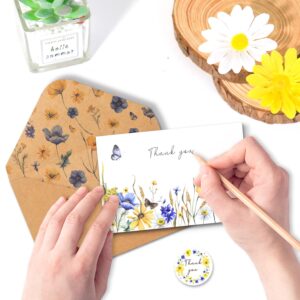 24 Pack Thank You Cards With Envelopes(4 Assorted),Wildflower Greeting Cards for Birthday Wedding Baby Shower Bridal Shower Small Business Party Supplies,Better Decorate Your Thank You Gifts