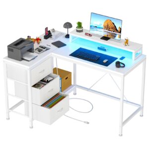 patikuin l shaped desk with power outlets & led lights, computer desk with drawers & shelves, corner desk gaming desk home office desk, white