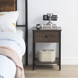 VECELO End Tables, Modern Nightstand with Drawer & Shelf, Night Stand for Bedroom Living Room,Industrial Metal Frame