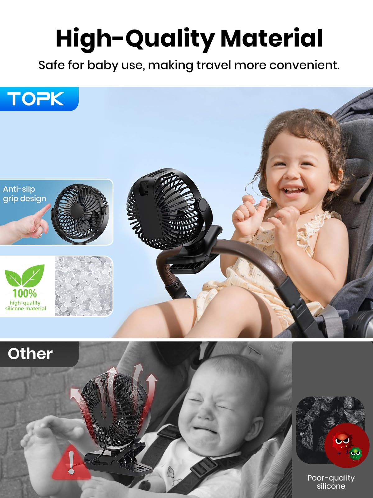 TOPK Portable Clip on Fan, 5000mAh Small Rechargeable Fan, Battery Operated, 4 Speeds, 720° Rotation, Ultra-Quiet, Personal Cooling Desk Fan for Bedroom/Office/Stroller/Golf/Library/Travel/Camping