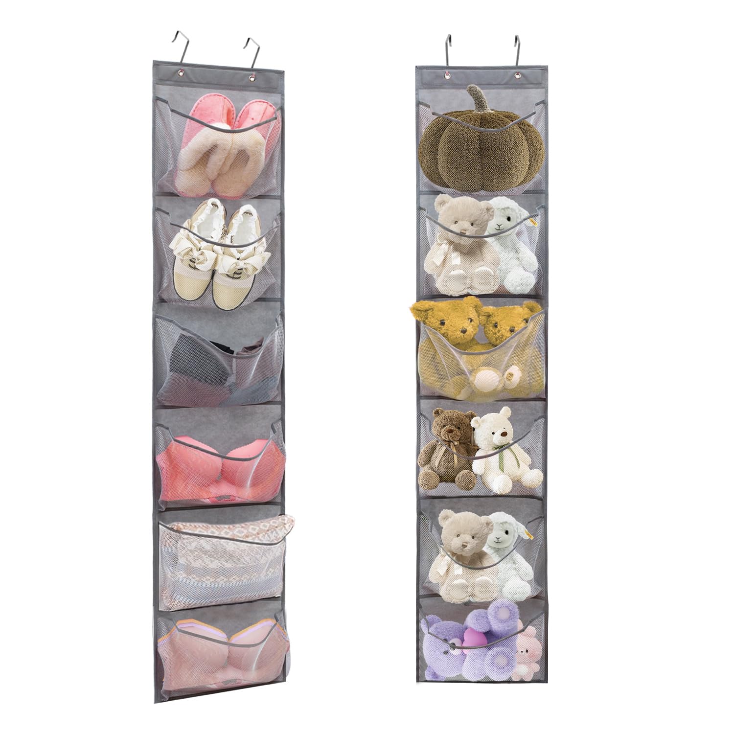 TEMUORG 2 Pack Over the Door Shoe Organizer Hanging Stuffed Animals Storage Diaper Holder Clothes Shelve for Closet with 6 Large Pockets (Mesh Pockets - 2 Pack)