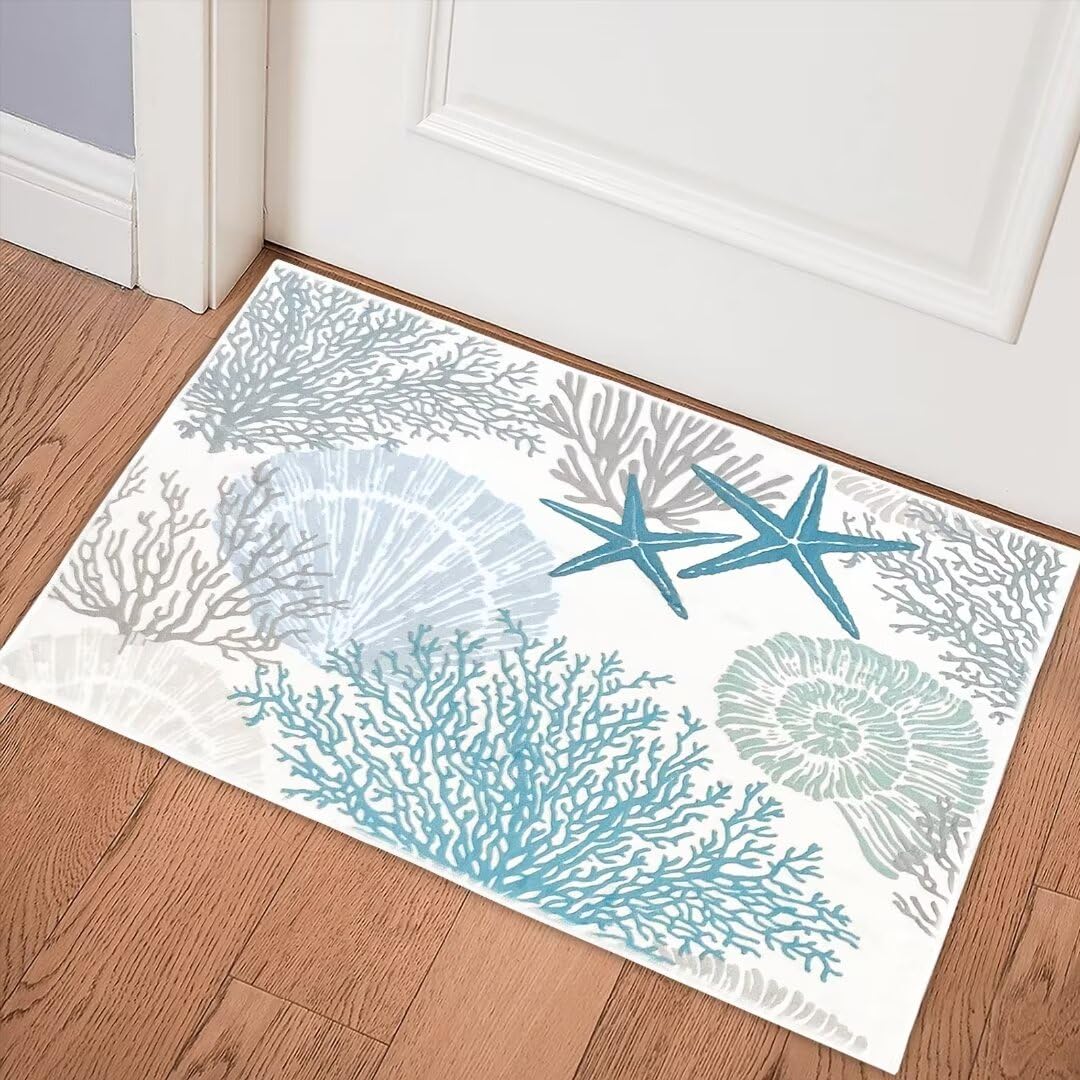 Coastal Area Rug 2x3 Throw Rugs Beach Ocean Area Carpet Small Rug Washable Entryway Doormat Indoor Entrance Door Mats Non-Slip Floor Carpets for Kitchen Bathroom Laundry Bedroom Living Room,Blue