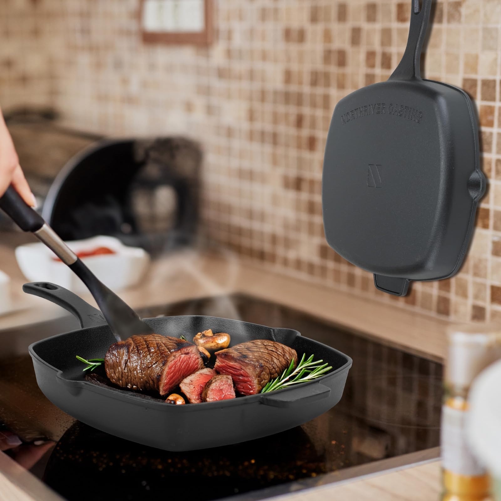 Northriver Casting 10.5 Inch Cast Iron Square Grill Pan with Tempered Glass Lid, Heavy Steak & Bacon Pans for Stove Tops