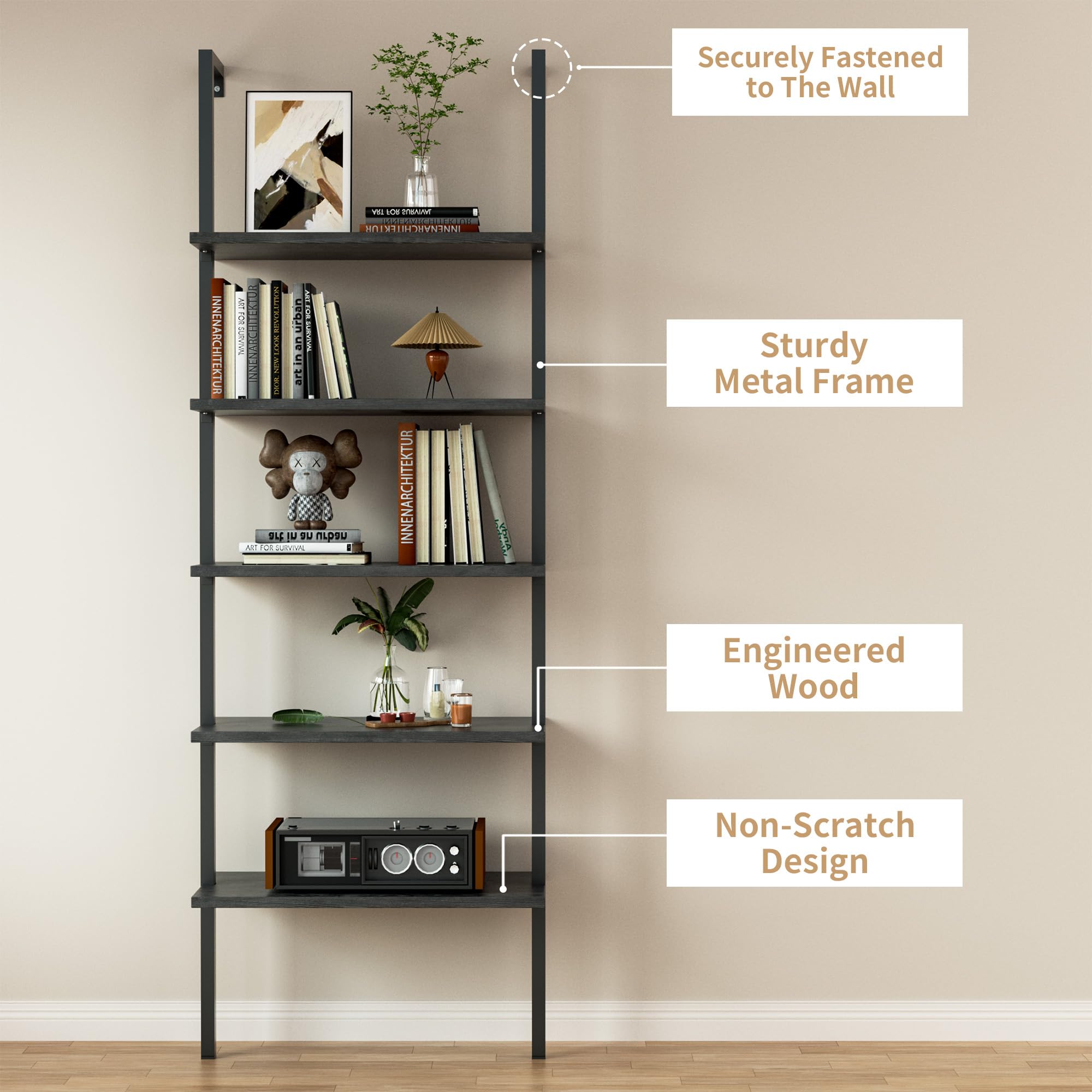 Flamaker 5-Tier Bookshelf Industrial Wall Mount Ladder Bookshelf, Wood Board and Metal Frame, Modern Tall Narrow Storage Organizer for Home Office (Black)