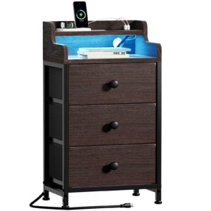 reahome nightstand with charging station and led light, tall brown night stand with 3 drawers and 2-tier shelf, bedside table with sturdy steel frame wood top for bedroom, living room - brown