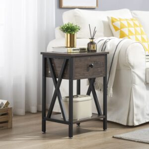 VECELO End Tables, Modern Nightstand with Drawer & Shelf, Night Stand for Bedroom Living Room,Industrial Metal Frame