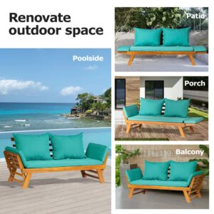 Panana Acacia Wood Convertible Couch Sofa Bed Adjustable Armrest Folding Daybed Collapsible Chaise Lounge w/Cushions Outdoor Loveseat for Garden Patio Poolside Turquoise