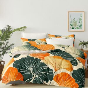 ccoutuechen king size ginkgo leaf duvet cover dark green orange leaves duvet cover set 3 pieces aesthetic botanical bedding set with zipper closure 4 ties (2 pillowcases, no comforter)