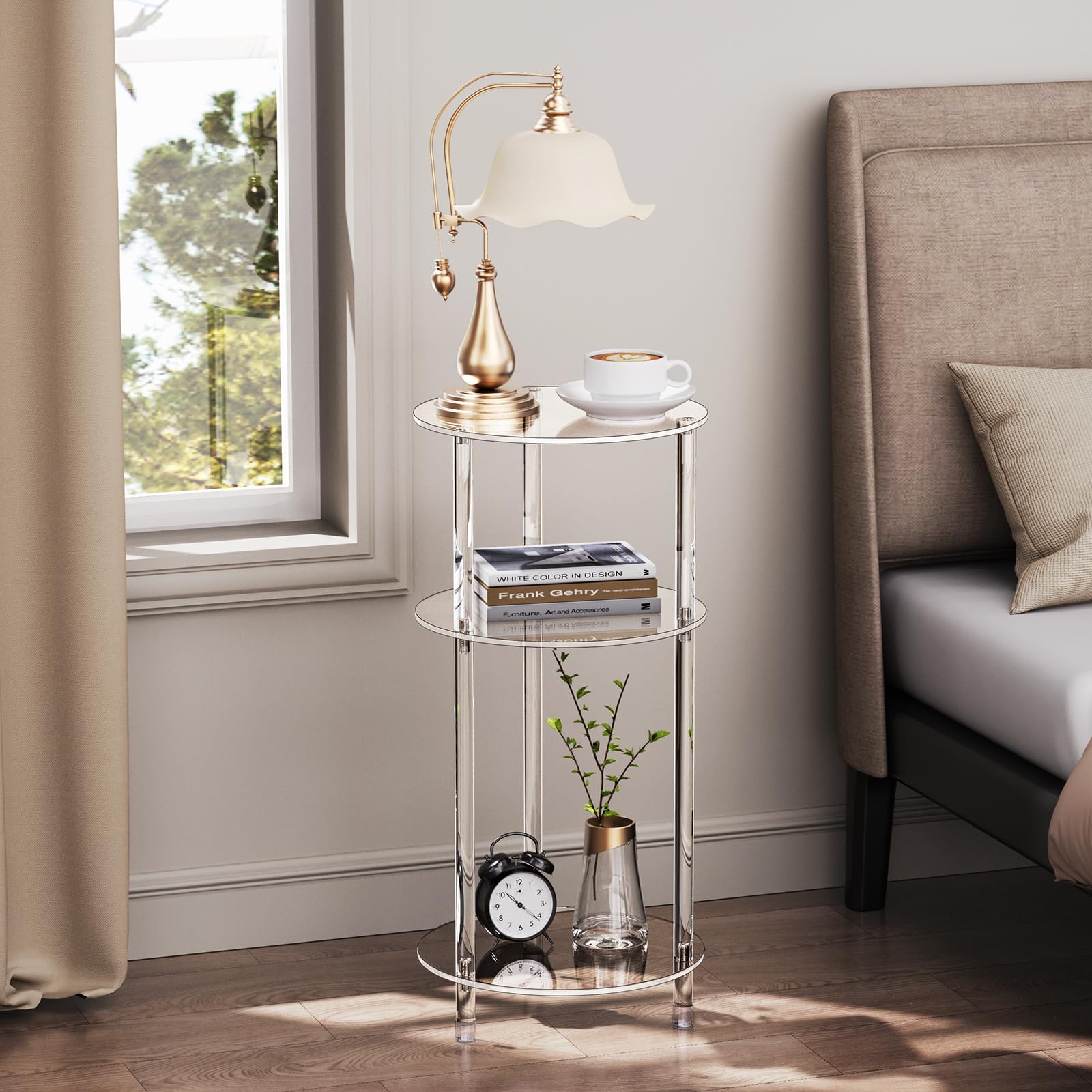 Bkemiy Clear Round Acrylic Side Table for Small Spaces, 11.81" L x 11.81" W x 24.6" H, 3 Tier Small Modern Drink End Table Nightstand, Minimalist Bedside Table for Living Room, Bedroom, Bathroom