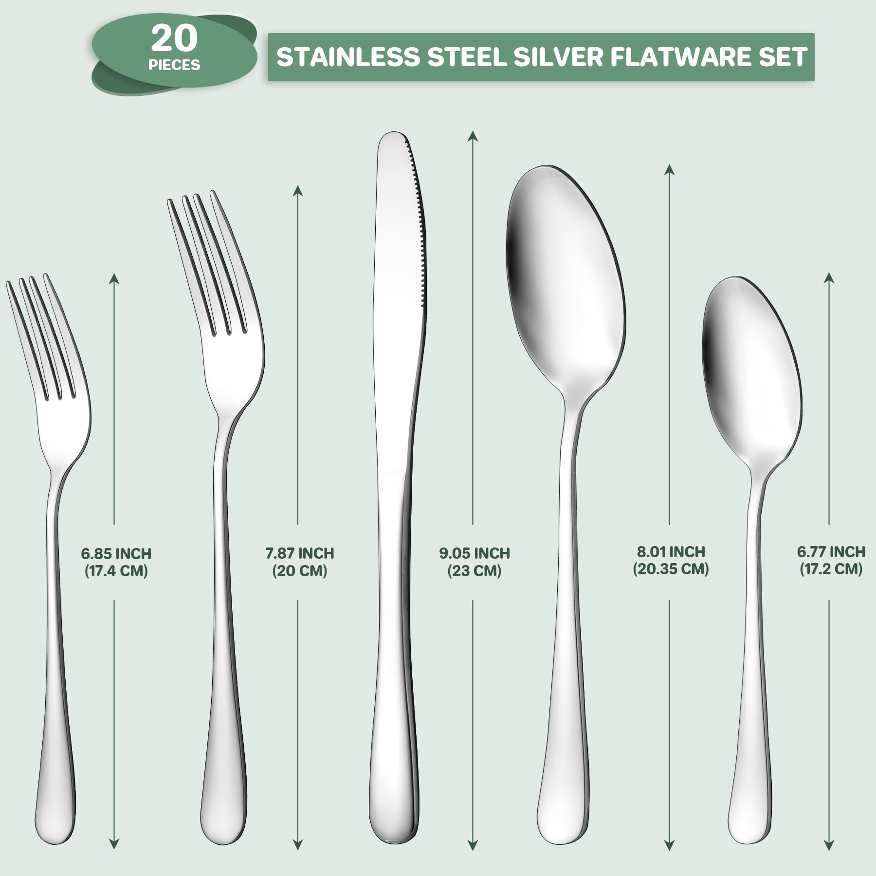 Silverware Set, 20 Piece Elegant Stainless Steel Utensil Set, Mirror Polished Premium Cutlery Set, Silver Dinner Knives Forks and Spoons Tableware Set, Dishwasher Safe