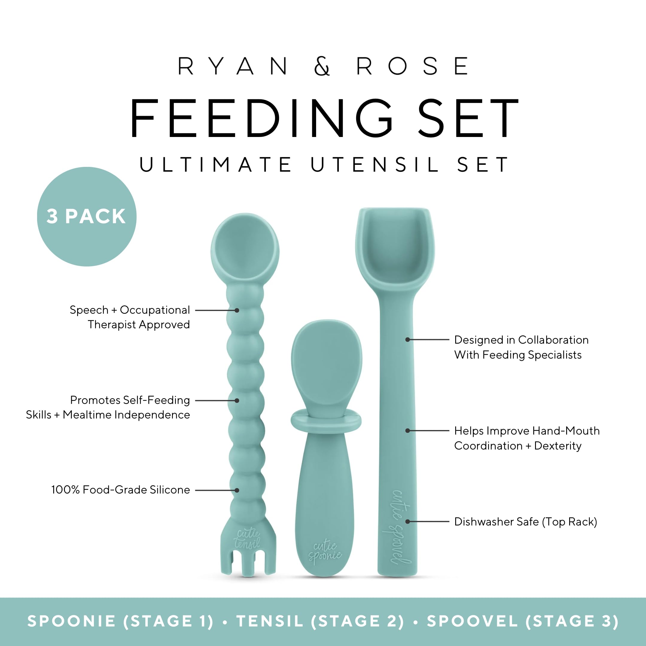 Ryan & Rose Ultimate Utensil Set of 3 Silicone Baby Spoons Silicone baby feeding set for baby led weaning, baby spoons self feeding 6 months, baby utensils, toddler utensils (Seaglass)