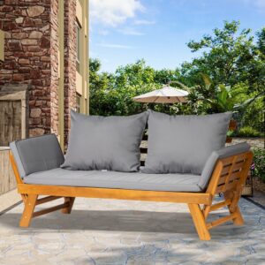 Panana Acacia Wood Convertible Couch Sofa Bed Adjustable Armrest Folding Daybed Collapsible Chaise Lounge w/Cushions Outdoor Loveseat for Garden Patio Poolside Grey