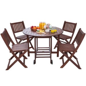 greesum 5 piece patio dining set outdoor acacia wood furniture all-weather folding round table and chairs for backyard,balcony,porch,deck,garden, dark brown