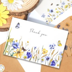 24 Pack Thank You Cards With Envelopes(4 Assorted),Wildflower Greeting Cards for Birthday Wedding Baby Shower Bridal Shower Small Business Party Supplies,Better Decorate Your Thank You Gifts