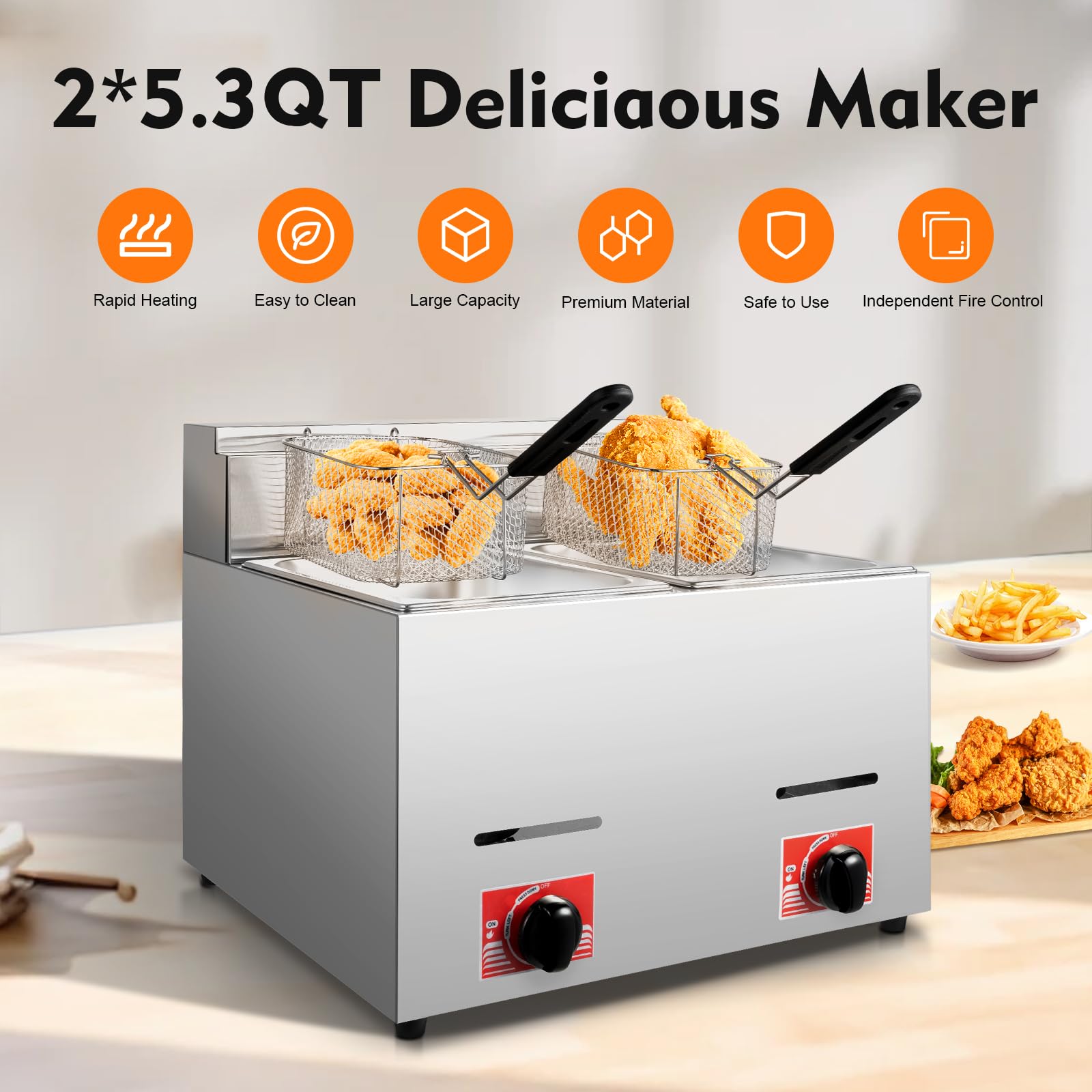 Commercial LPG Gas Deep Fryer,12L Countertop Stainless Steel Fryer Metal Tube Double Deep Fryer with 2 Frying Baskets and 2 Lids,for Cafeteria French Fries, Chicken, and More